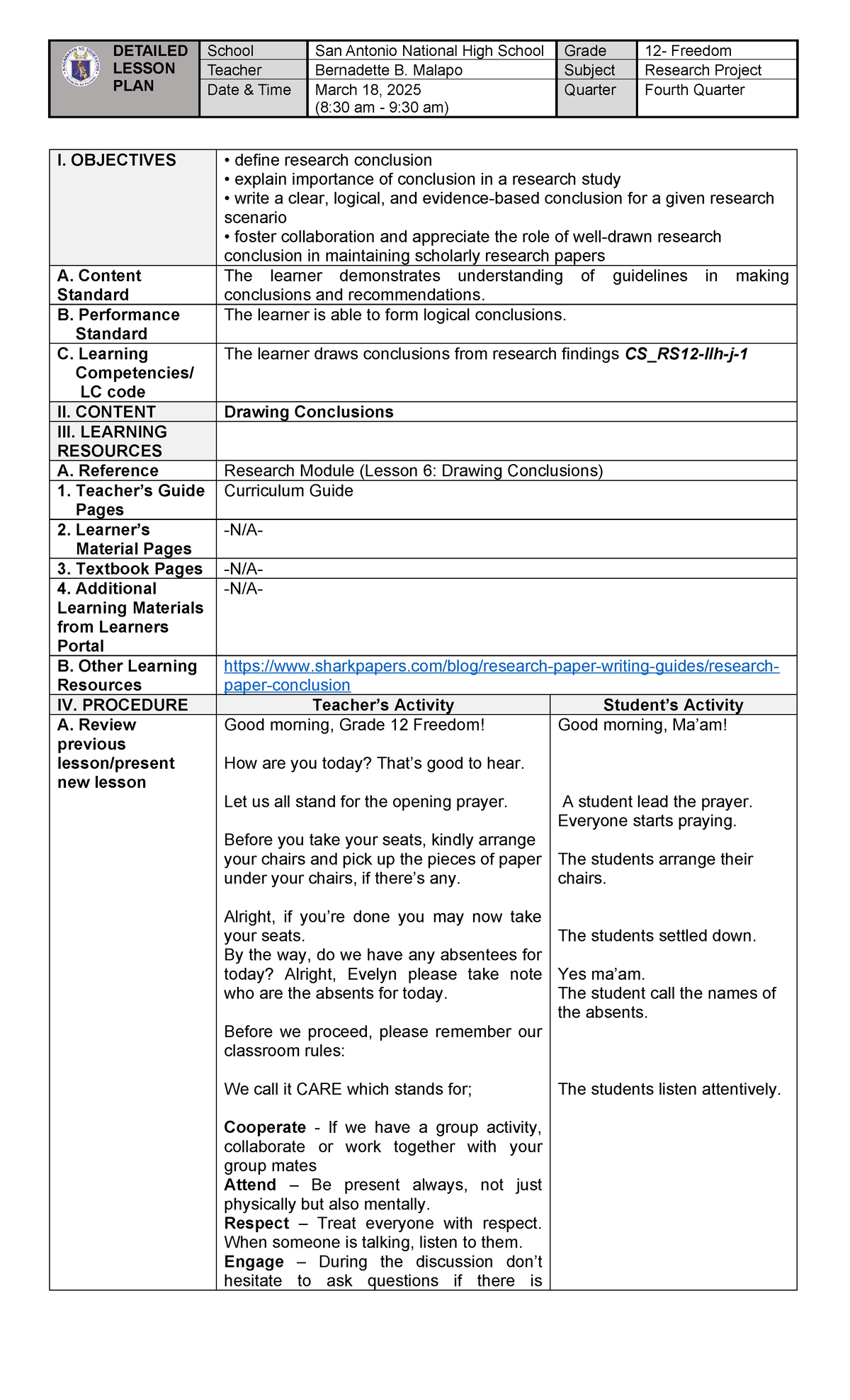 DLP-Demo-67: Detailed Lesson Plan on Research Conclusions - Studocu