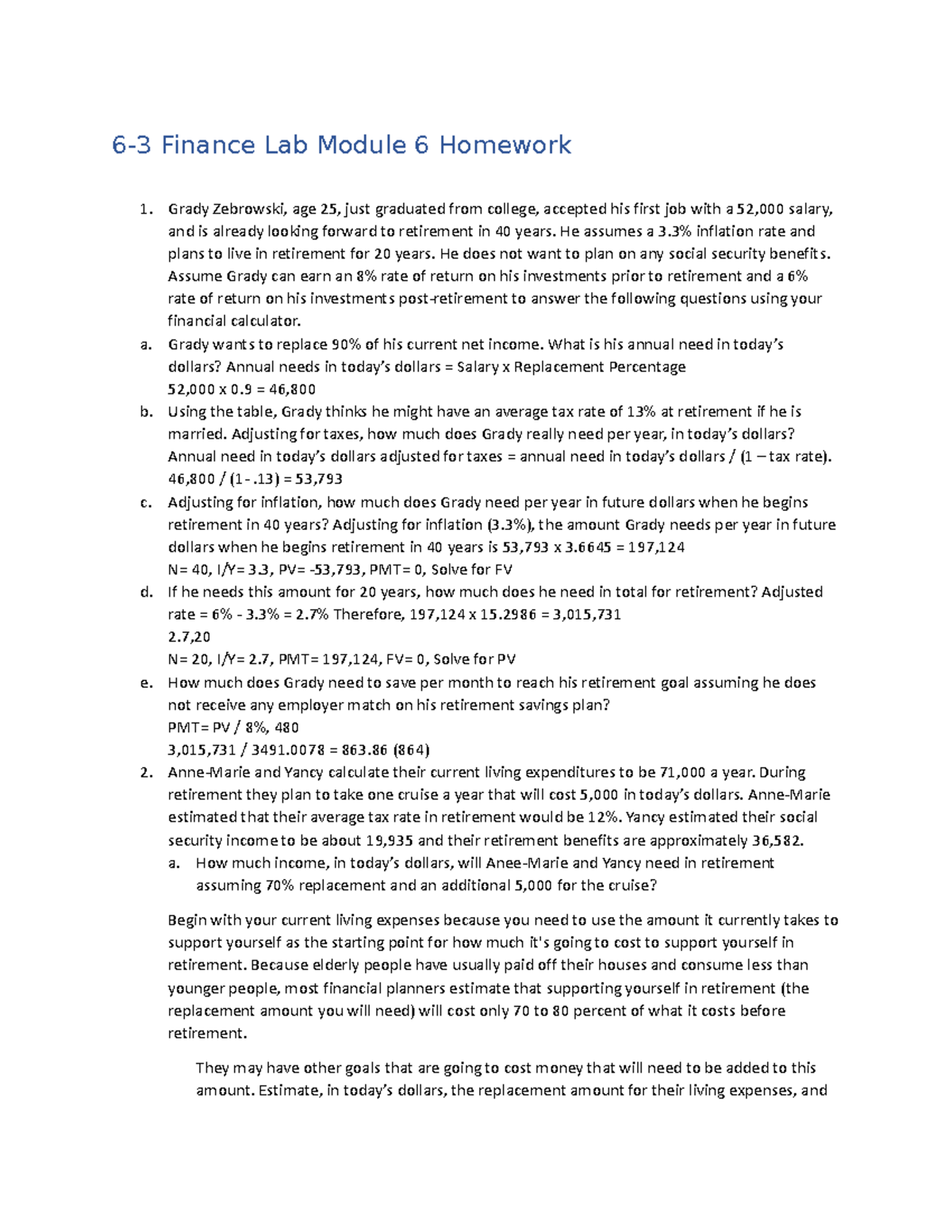 Module 6: Finance Lab Homework on Retirement Needs Analysis - Studocu