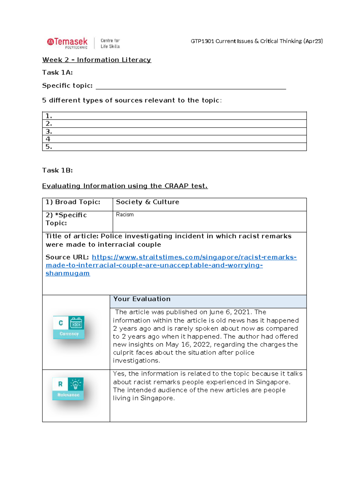 GTP1301 Current Issues: Week 2 Info Literacy & CRAAP Evaluation - Studocu