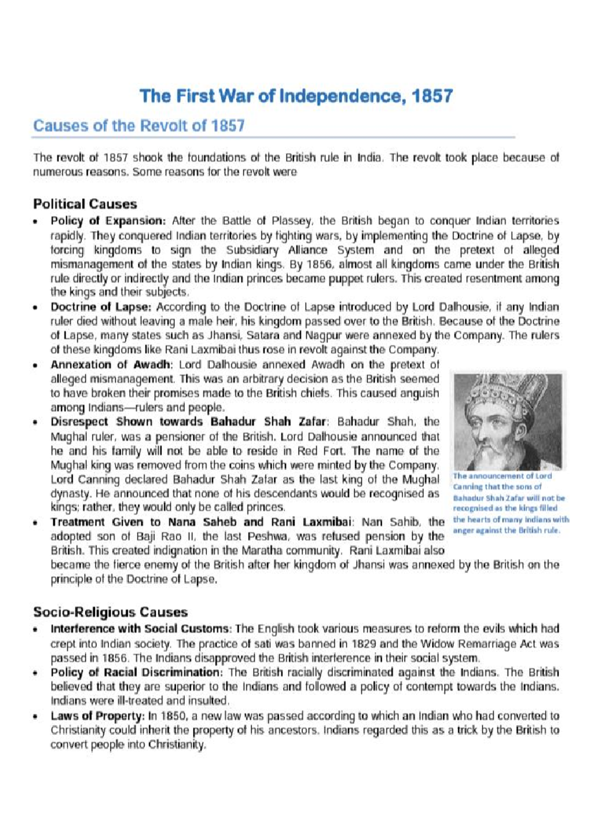 Self Study History: The First War of Independence, 1857 Notes - Studocu