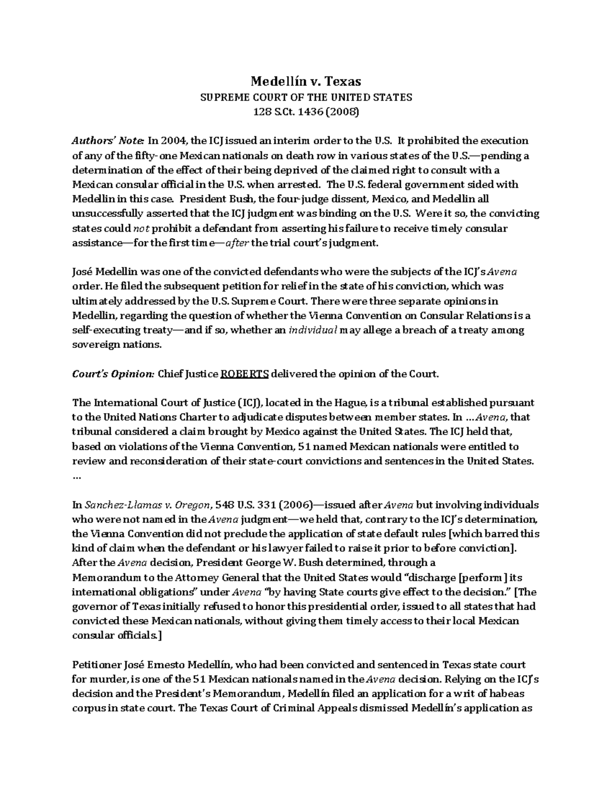 Medellín v. Texas: Enforceability of ICJ Judgments in U.S. Courts - Studocu