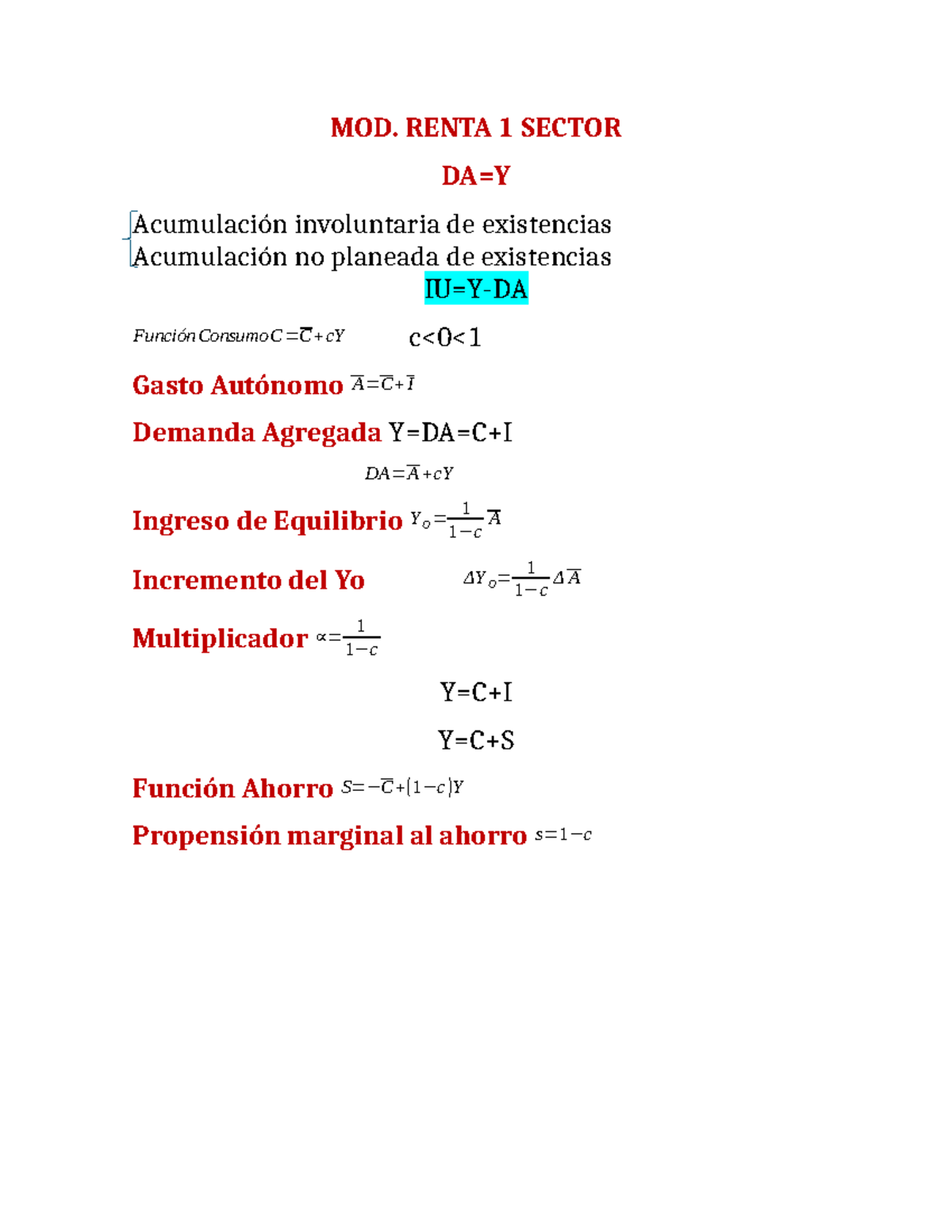 Formulas - Modelo de Renta 1 y 2 Sectores (MOD. RENTA 1) - Studocu
