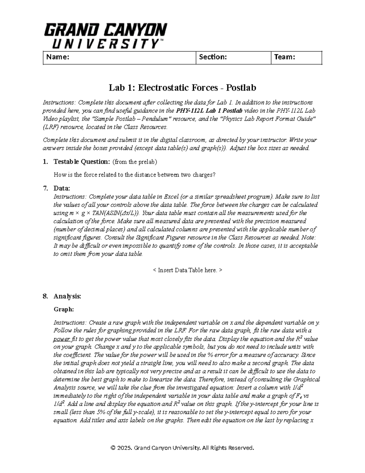PHY112L Lab 1: Postlab on Electrostatic Forces Analysis - Studocu
