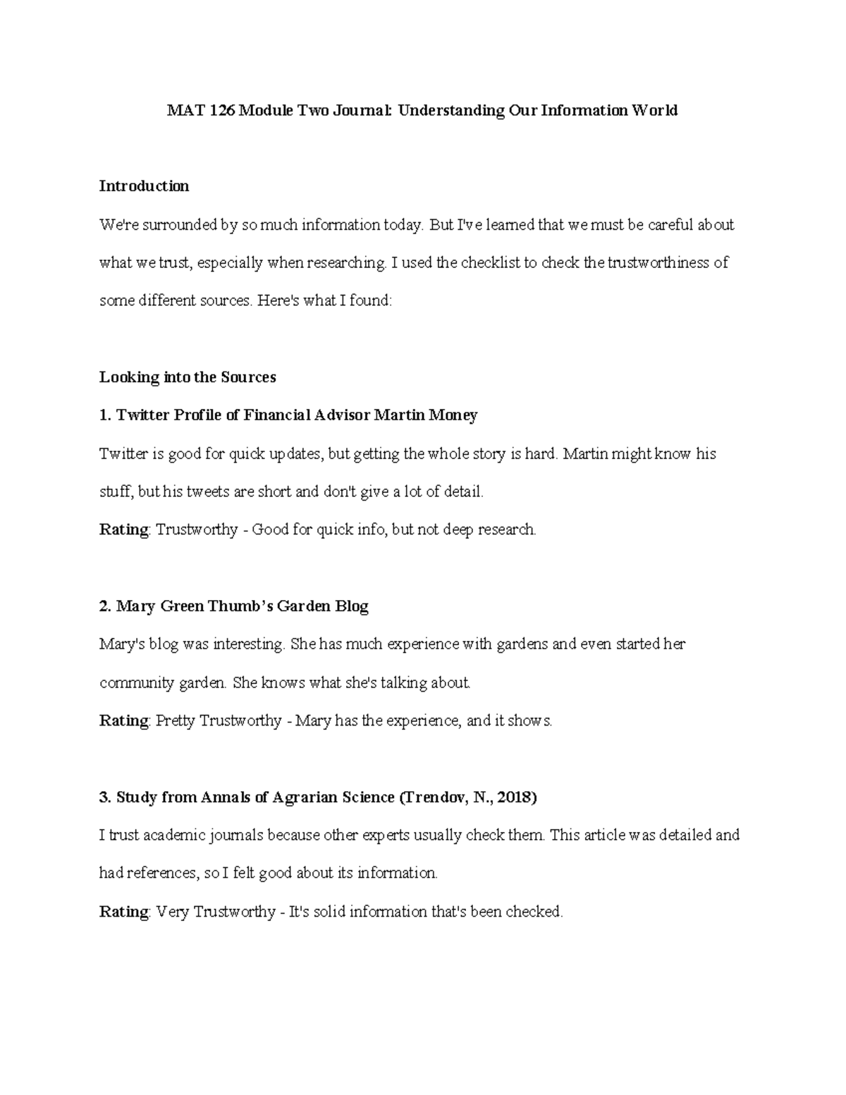 Mat 126 - Module Two Journal: Evaluating Information Sources - Studocu
