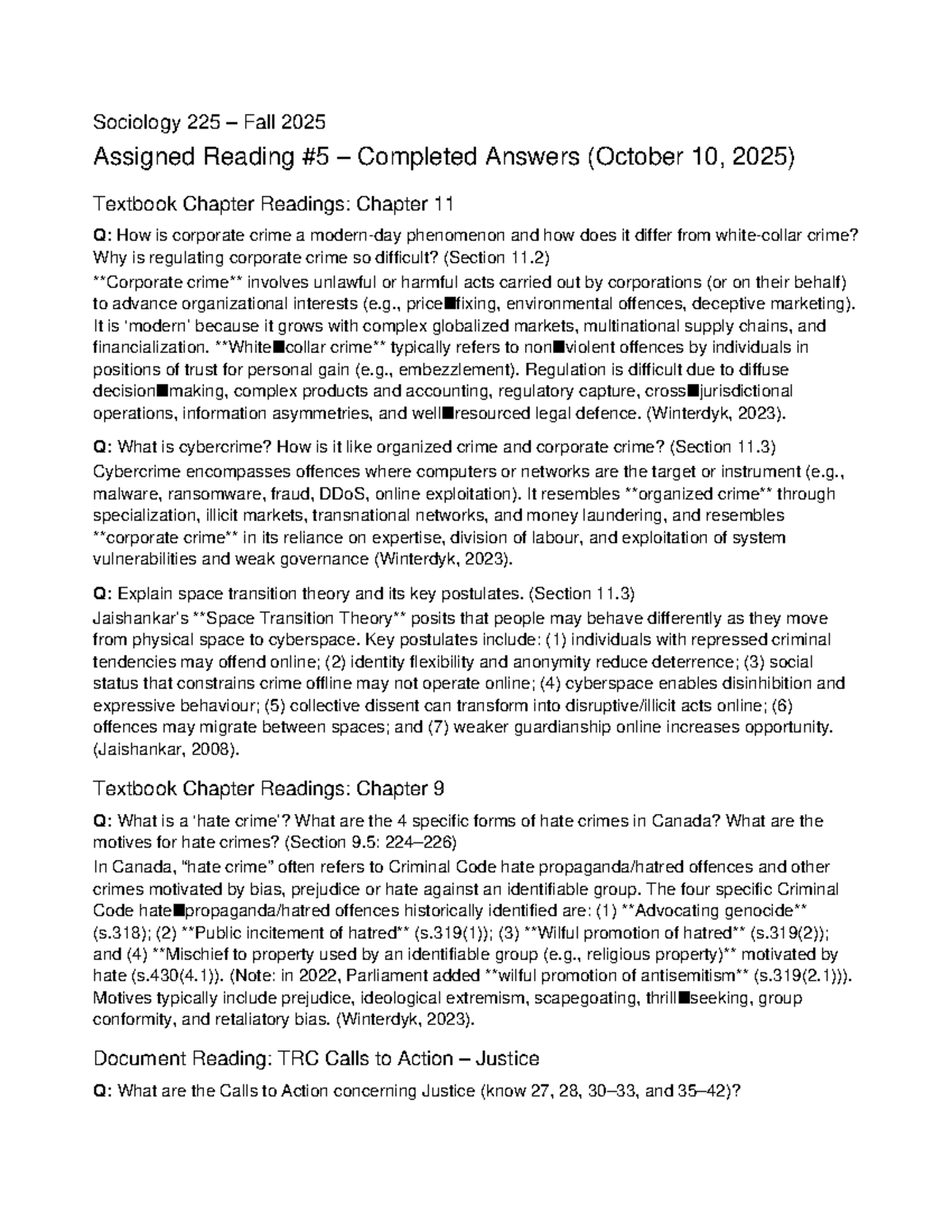 Sociology 225 Fall 2025 Assigned Reading 5 Completed Answers - Studocu