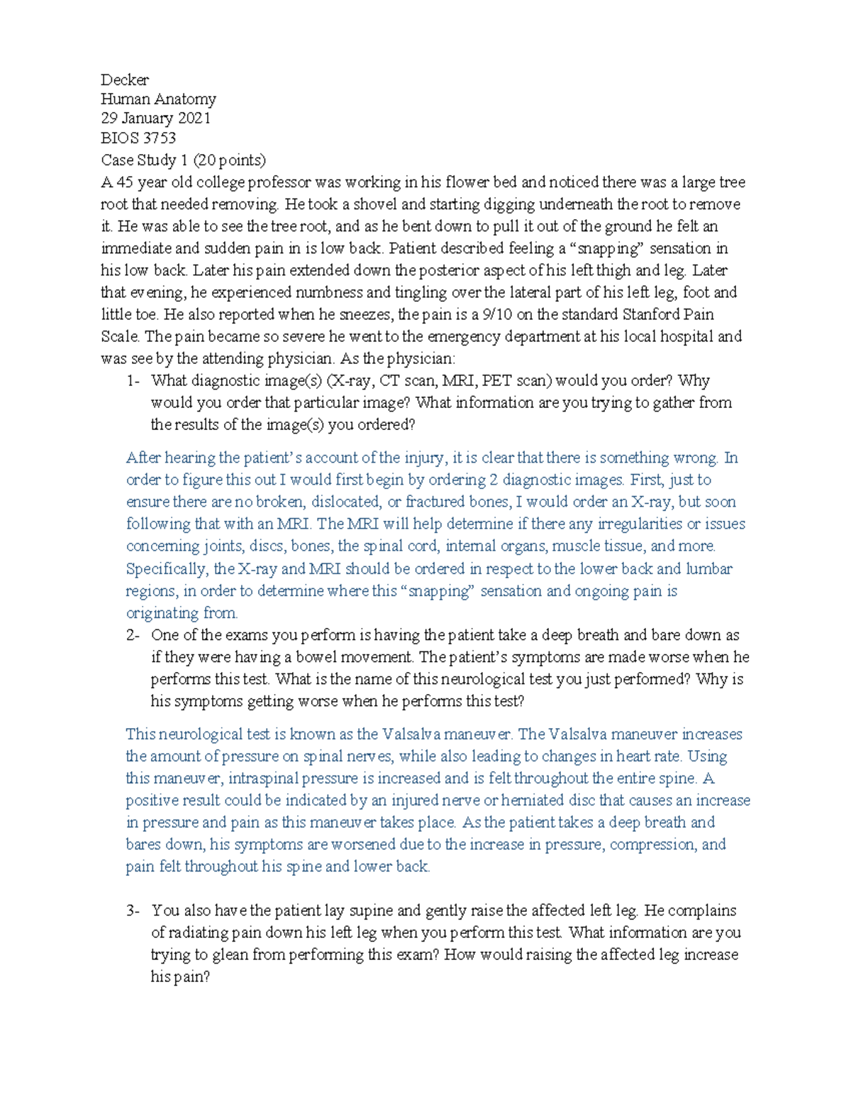 BIOS 3753 Decker Human Anatomy Case Study 1: Low Back Pain Analysis ...