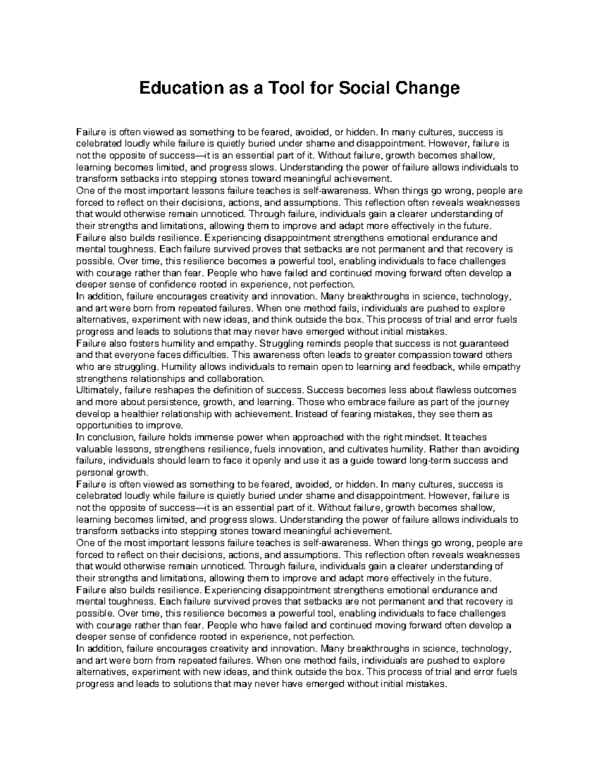 Essay 4: The Transformative Power of Failure in Education - Studocu