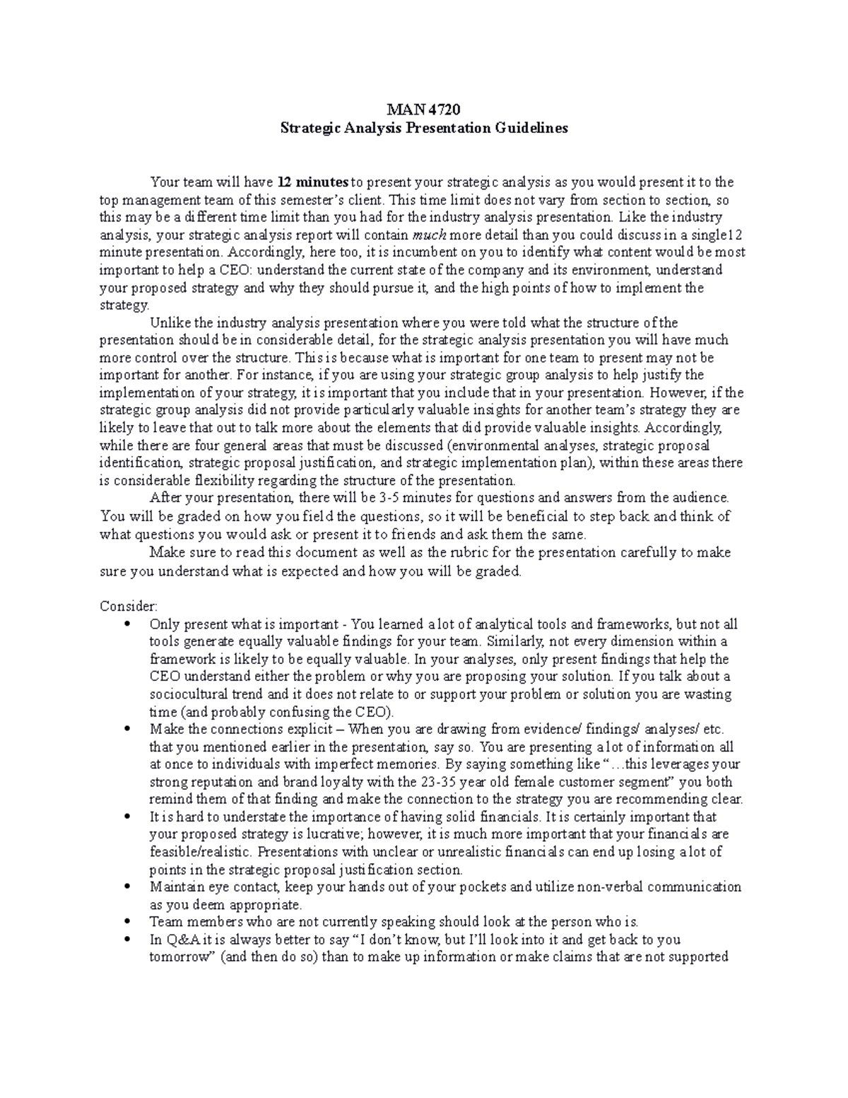 Strategic Analysis Presentation Guidelines - MAN 4720 Strategic ...