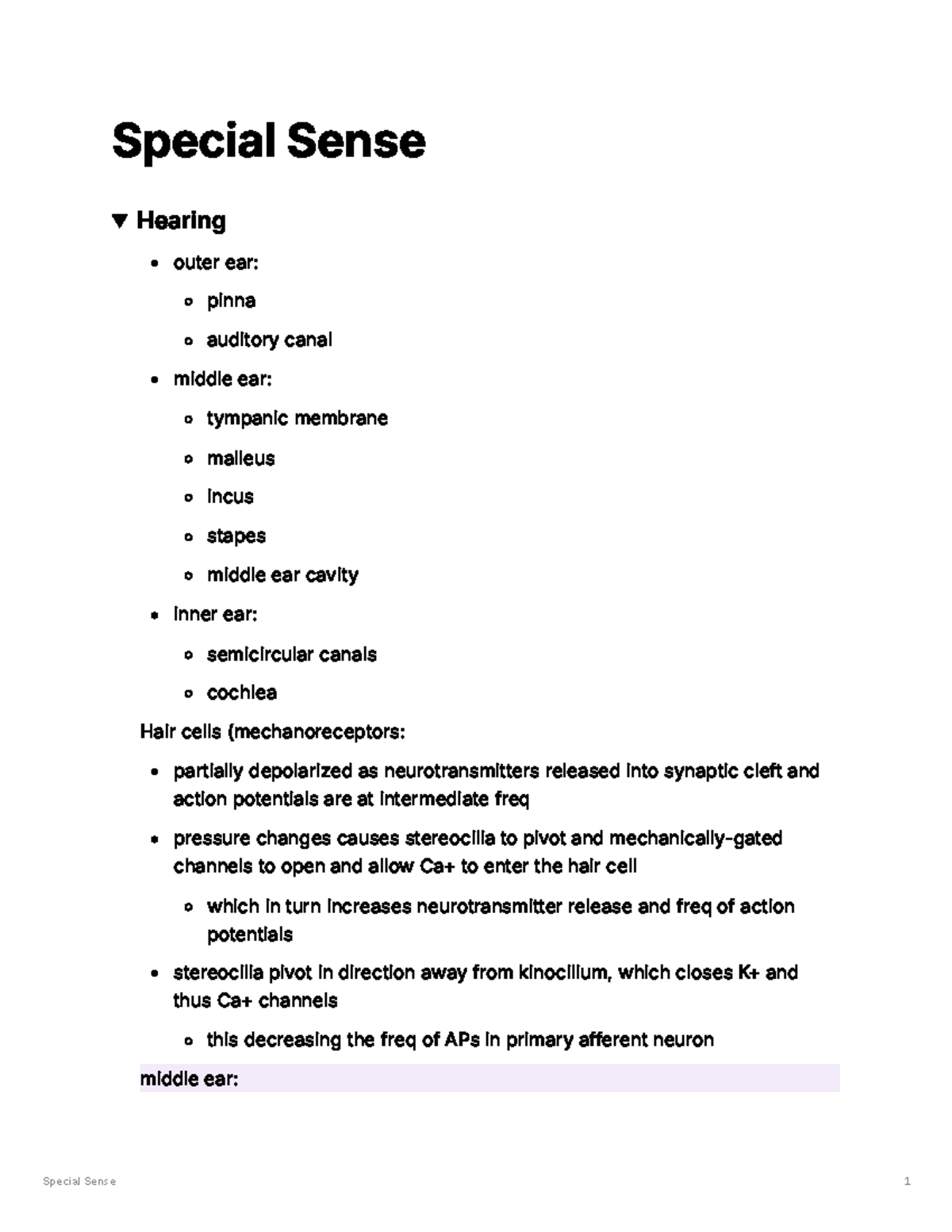 Special Sense Notes: Hearing Mechanisms and Inner Ear Structures - Studocu