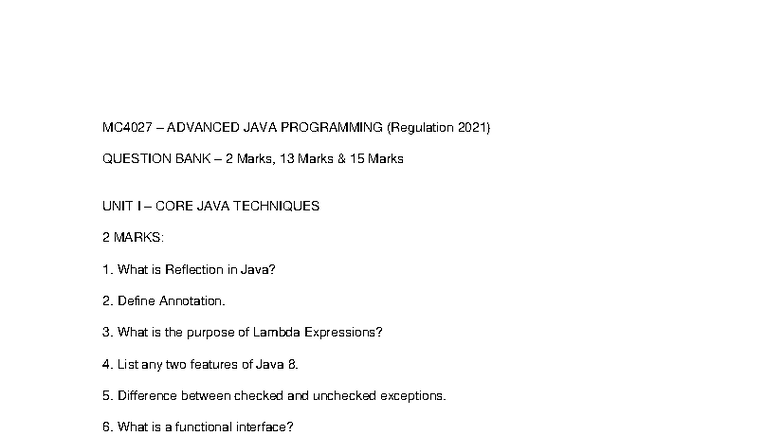 MC4027 Advanced Java Programming Question Bank: Core Java, JDBC, Servlets & JSP - Studocu