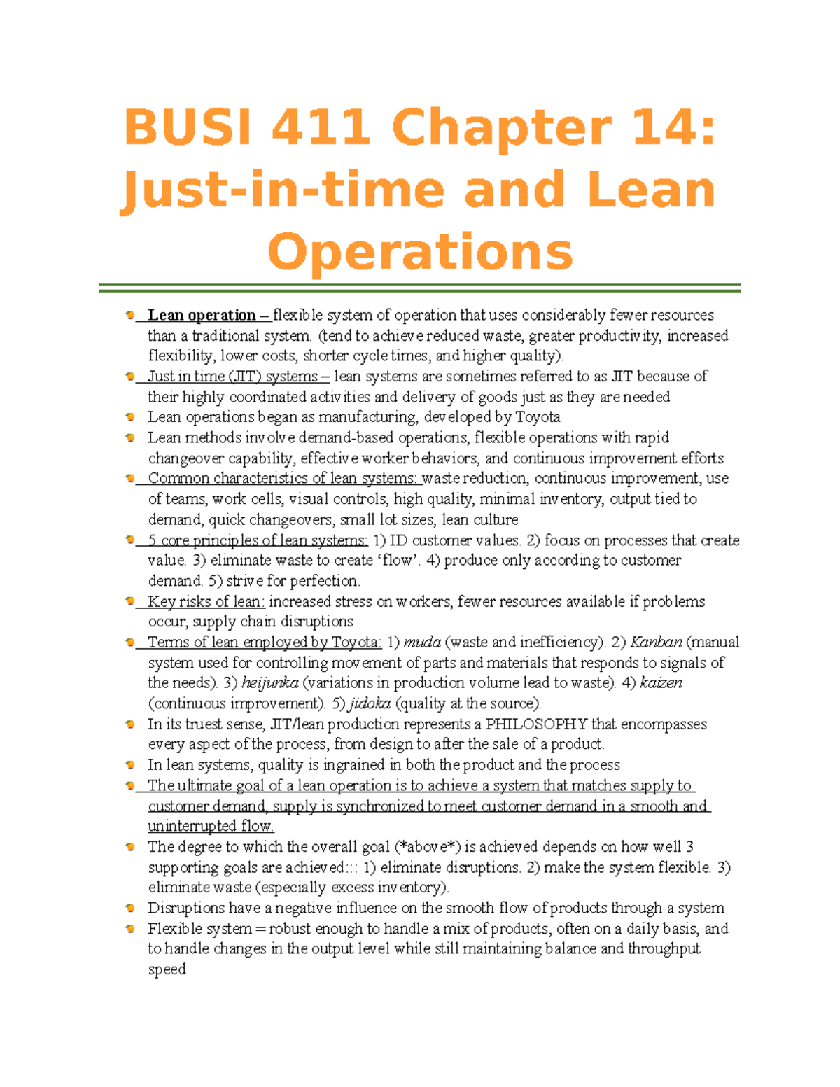 Chapter 14 jit and lean operations - BUSI 411 Chapter 14: Just-in-time and Lean Operations Lean ...