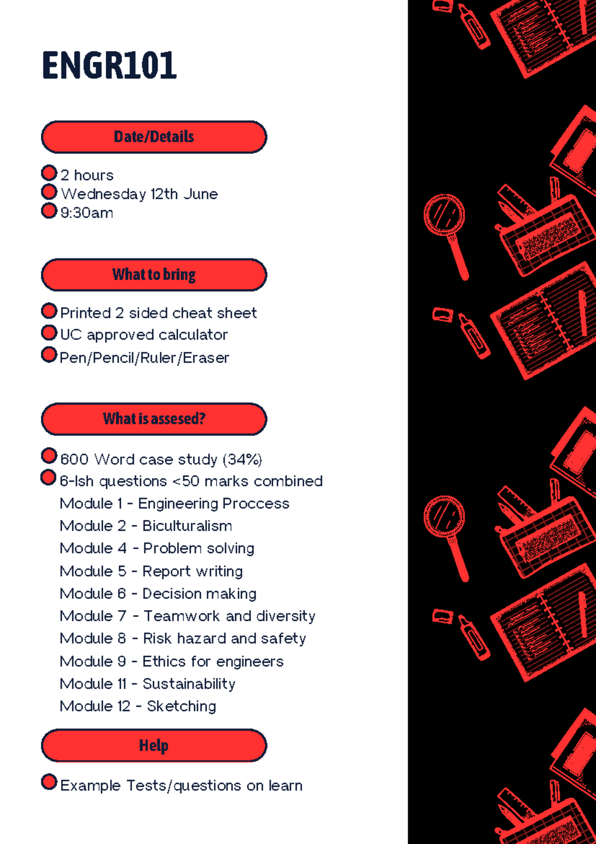 ENGR 101 Final Exam Revision Notes - ENGR Date/Details 2 hours ...