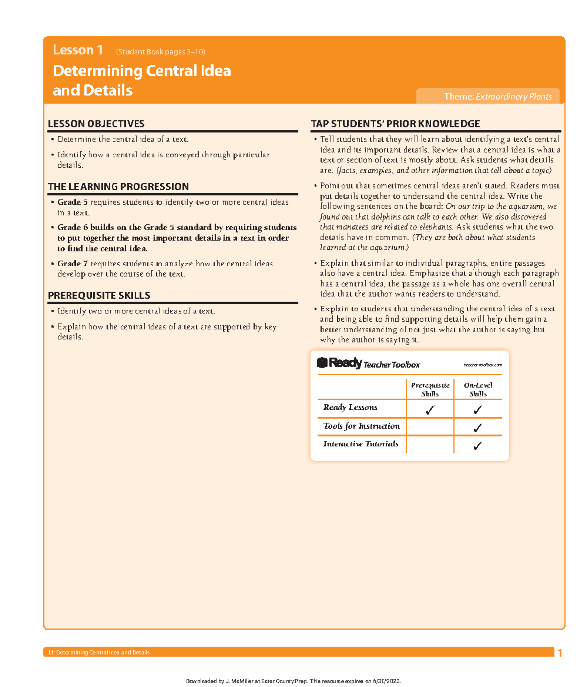 Determining Central Idea & Supporting Details: Iready Key (Lesson 1 ...