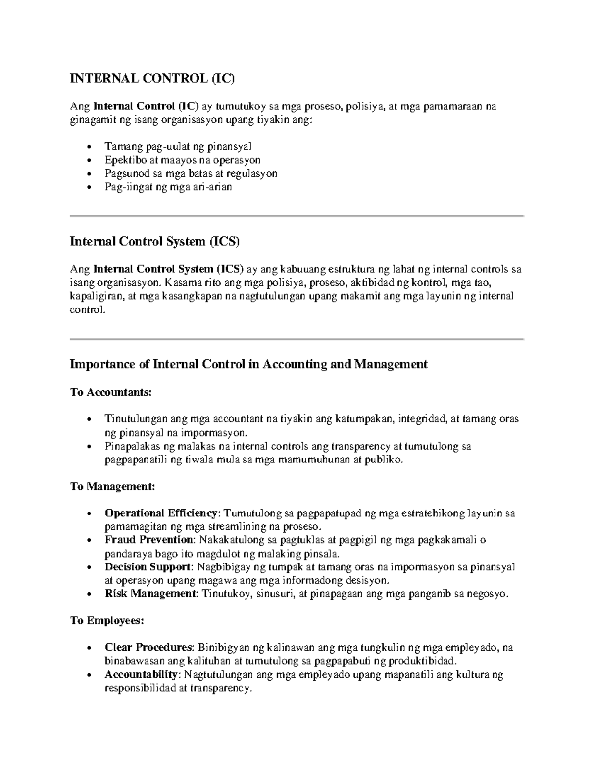 INTERNAL CONTROL (IC): Mga Prinsipyo at Kahalagahan sa Accounting - Studocu