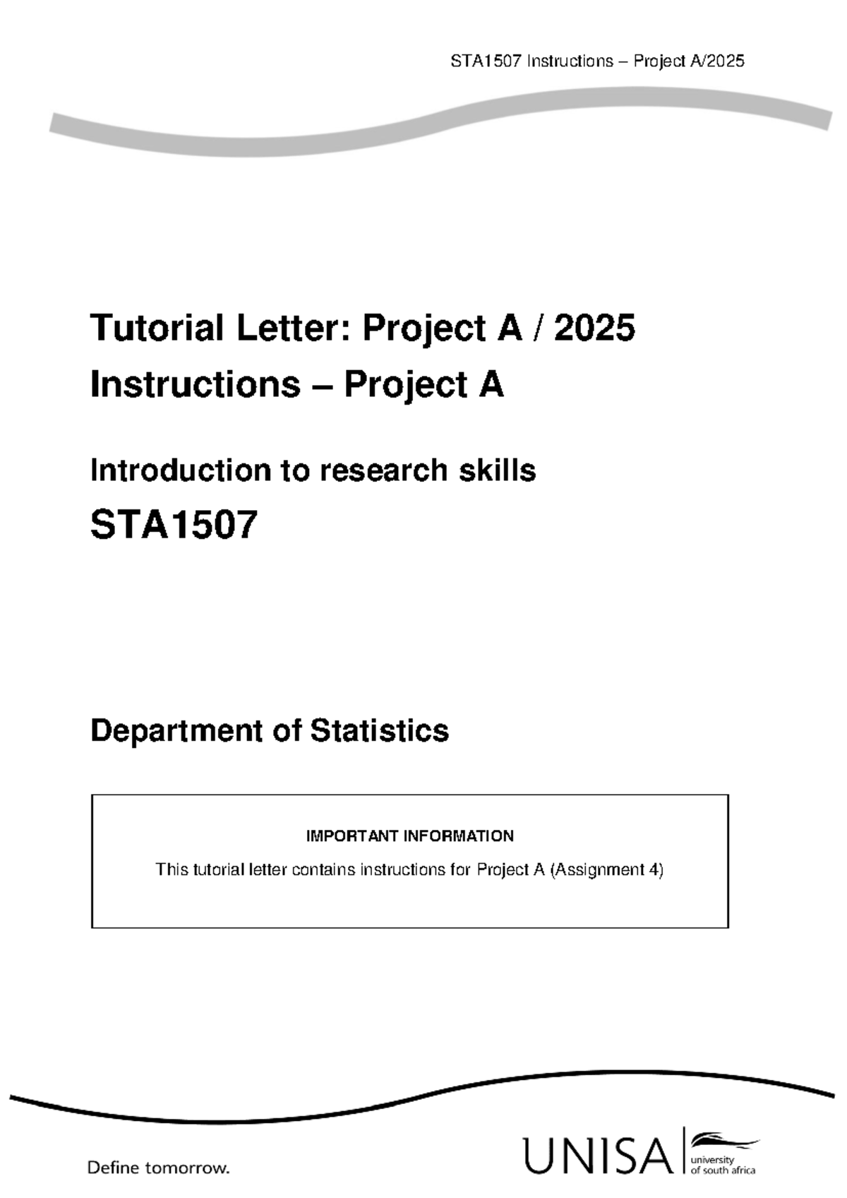 STA1507 Project A Instructions: Research Proposal Guidelines - Studocu