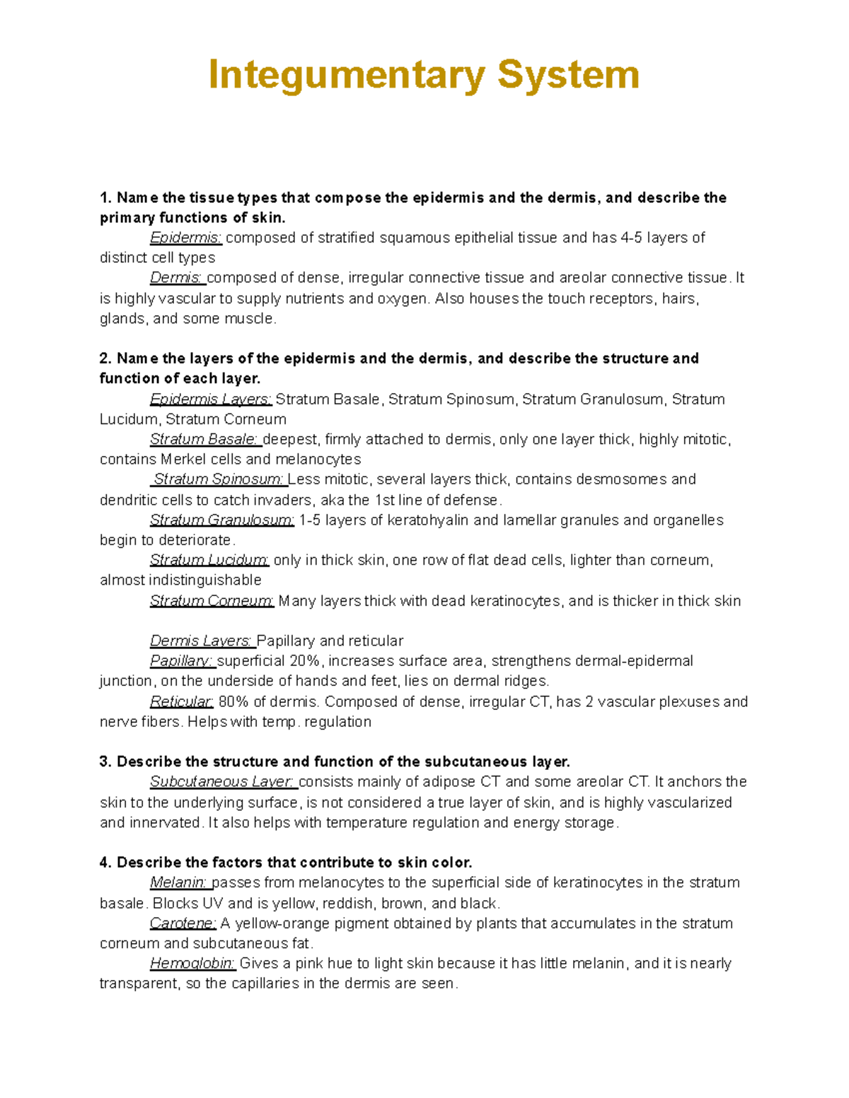 Integumentary System Study Guide: Structures & Functions (BIO 101 ...