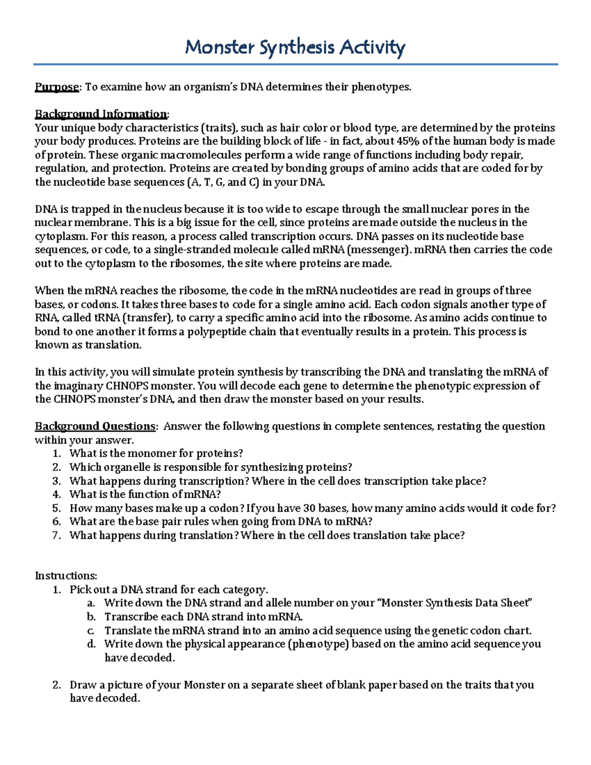 Protein Synthesis Lab 1: CHNOPS Monster Genetic Activity - Studocu