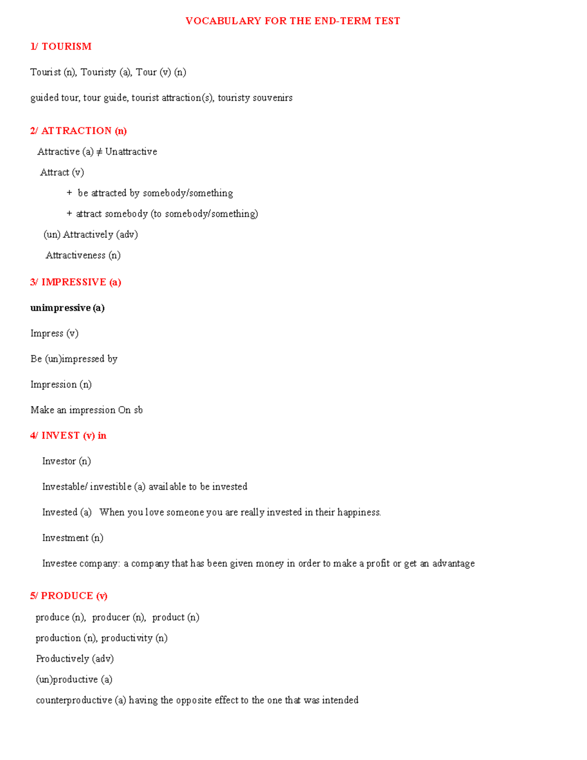 E10 - Vocabulary for the Tourism Test: Key Terms and Definitions - Studocu