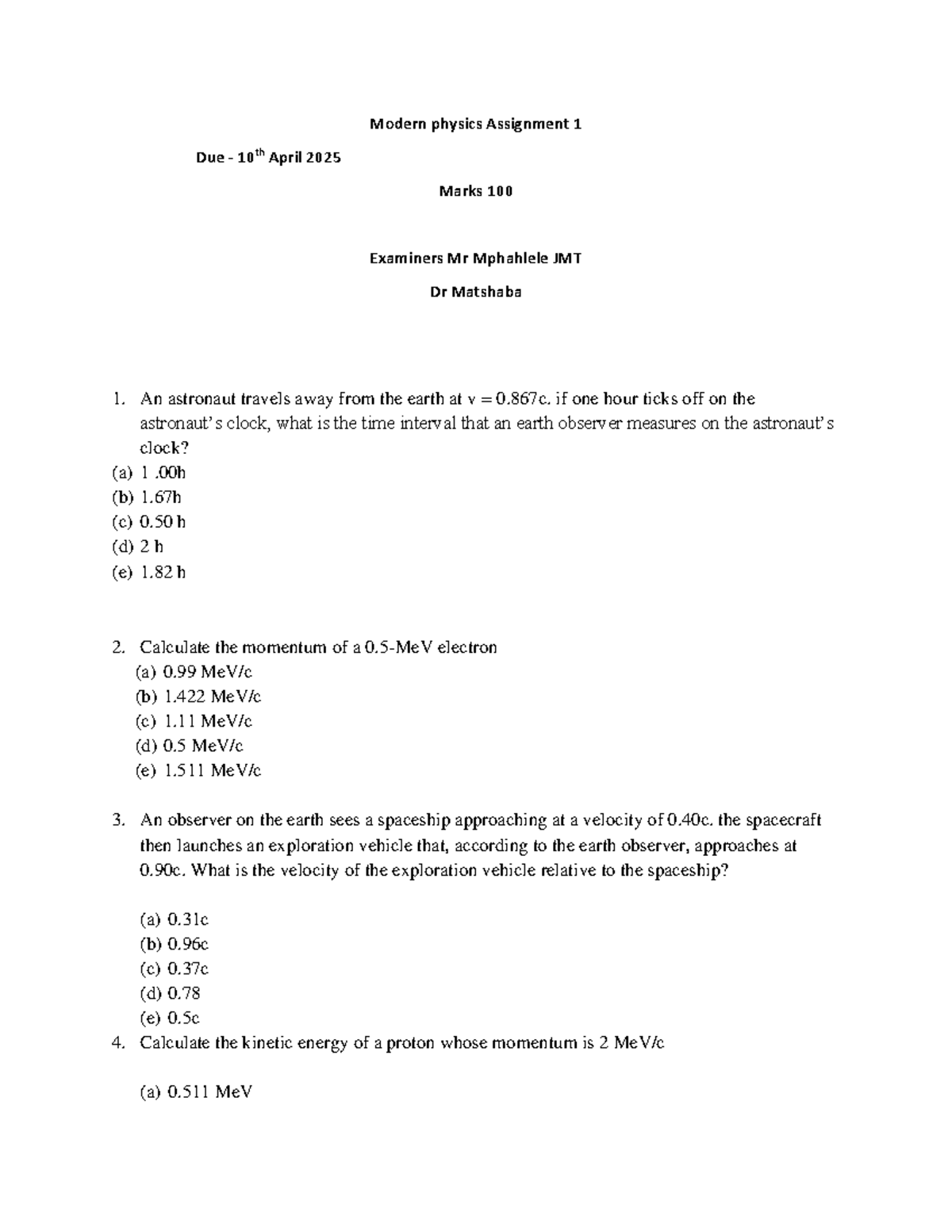 Modern Physics Assignment 1 (2025): Key Concepts & Problems - Studocu