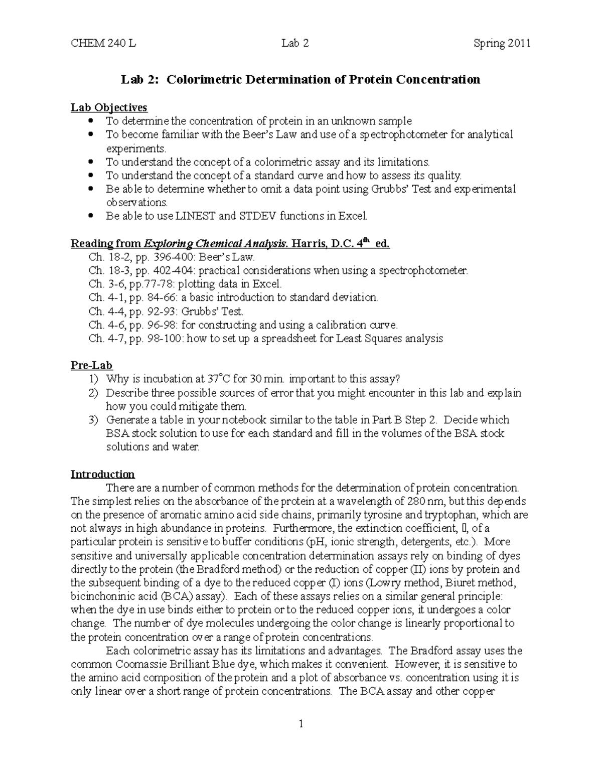 CHEM 240 L Lab 2: BCA Assay for Protein Concentration Determination ...