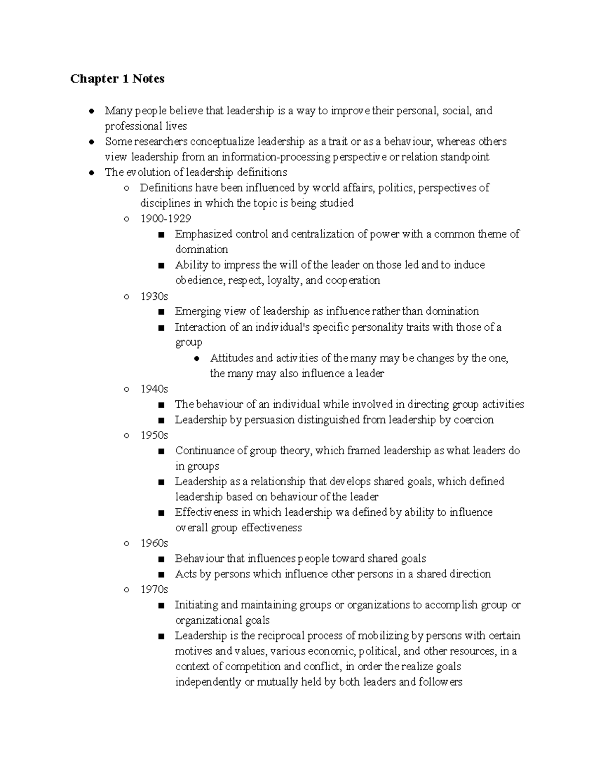 Leadership Concepts and Theories: Chapter 1 Notes (WEEK 1 & 2) - Studocu