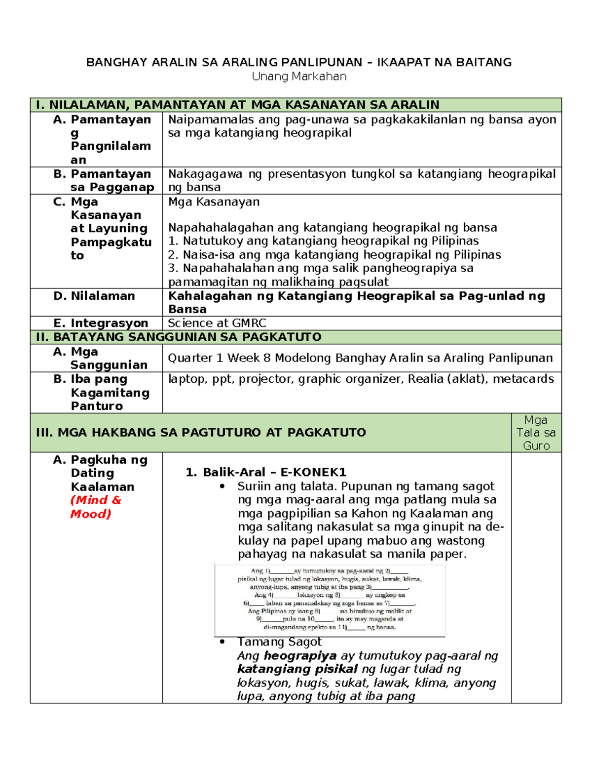 COT-Q1W8D5-AP4: Banghay Aralin sa Heograpiya ng Pilipinas - Studocu