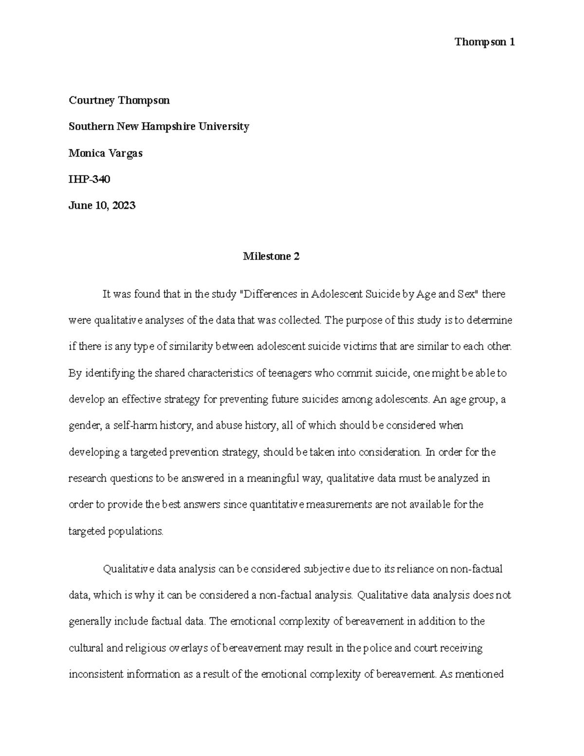IHP-340 Module 5 Milestone 2: Analysis of Adolescent Suicide Patterns ...