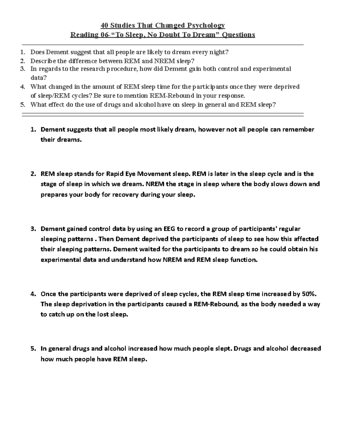 Psy 202 Lecture: Reading Questions on "To Sleep, No Doubt To Dream ...