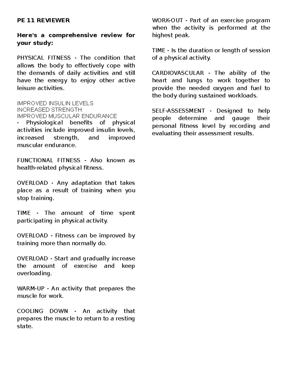 PE 11 Comprehensive Reviewer on Physical Fitness Concepts - Studocu