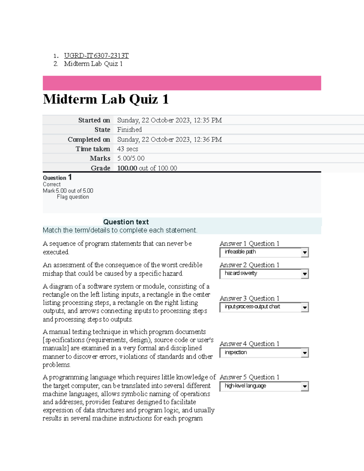 UGRD-IT6307 Midterm Lab Quiz 1 Complete Answers and Feedback - Studocu