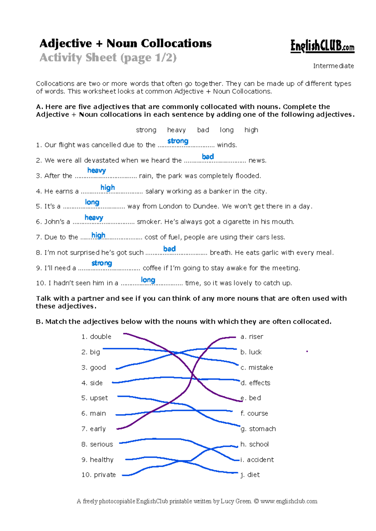 EnglishCLUB.com Intermediate Adjective Noun Collocations Worksheet ...
