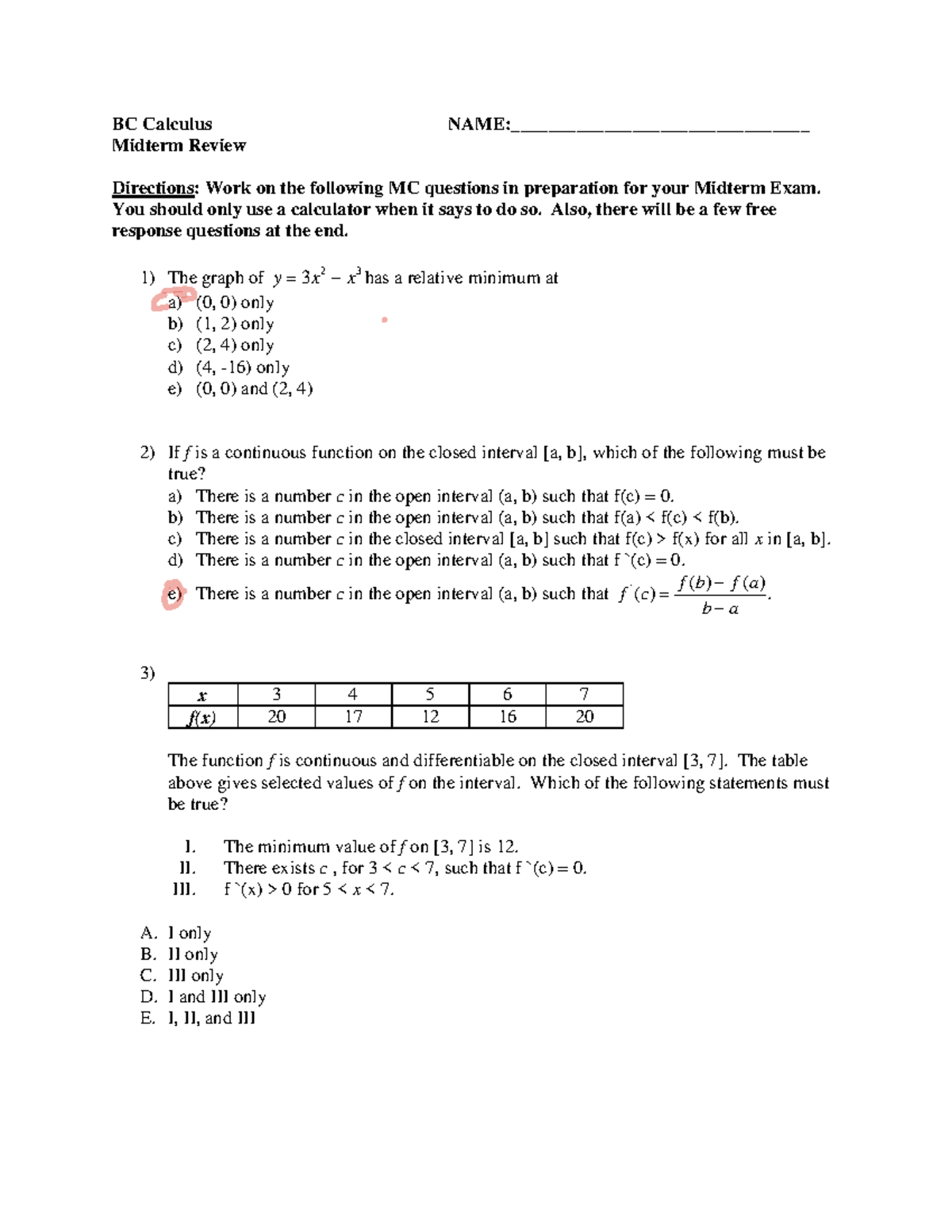 BC Calculus Midterm Exam Review: Key Concepts and Practice Questions ...