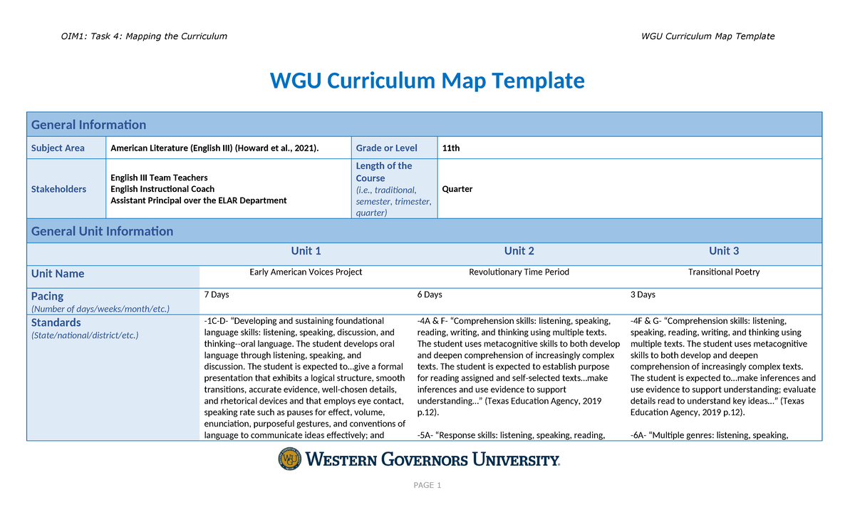 D183 OIM2 TASK 4 - WGU Curriculum Map Template General Information ...