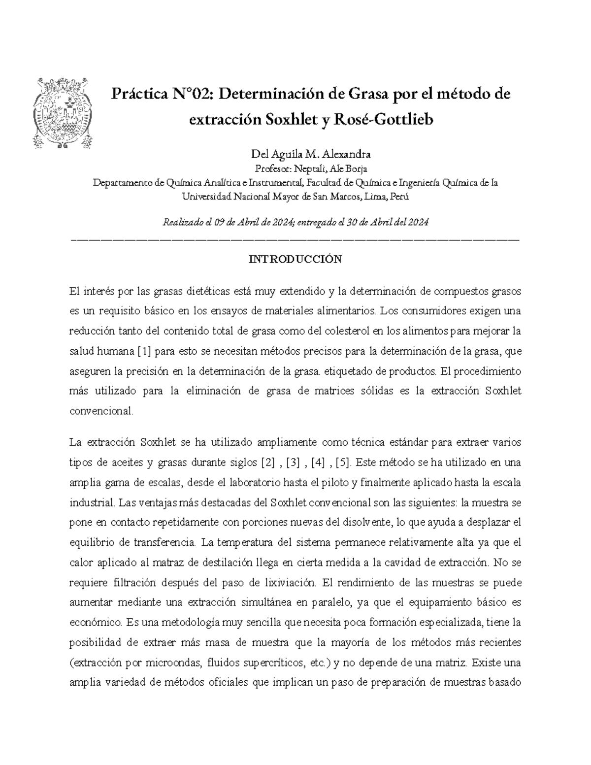 Práctica N°03: Determinación de Grasa - Métodos Soxhlet y Rose-Gottlieb ...