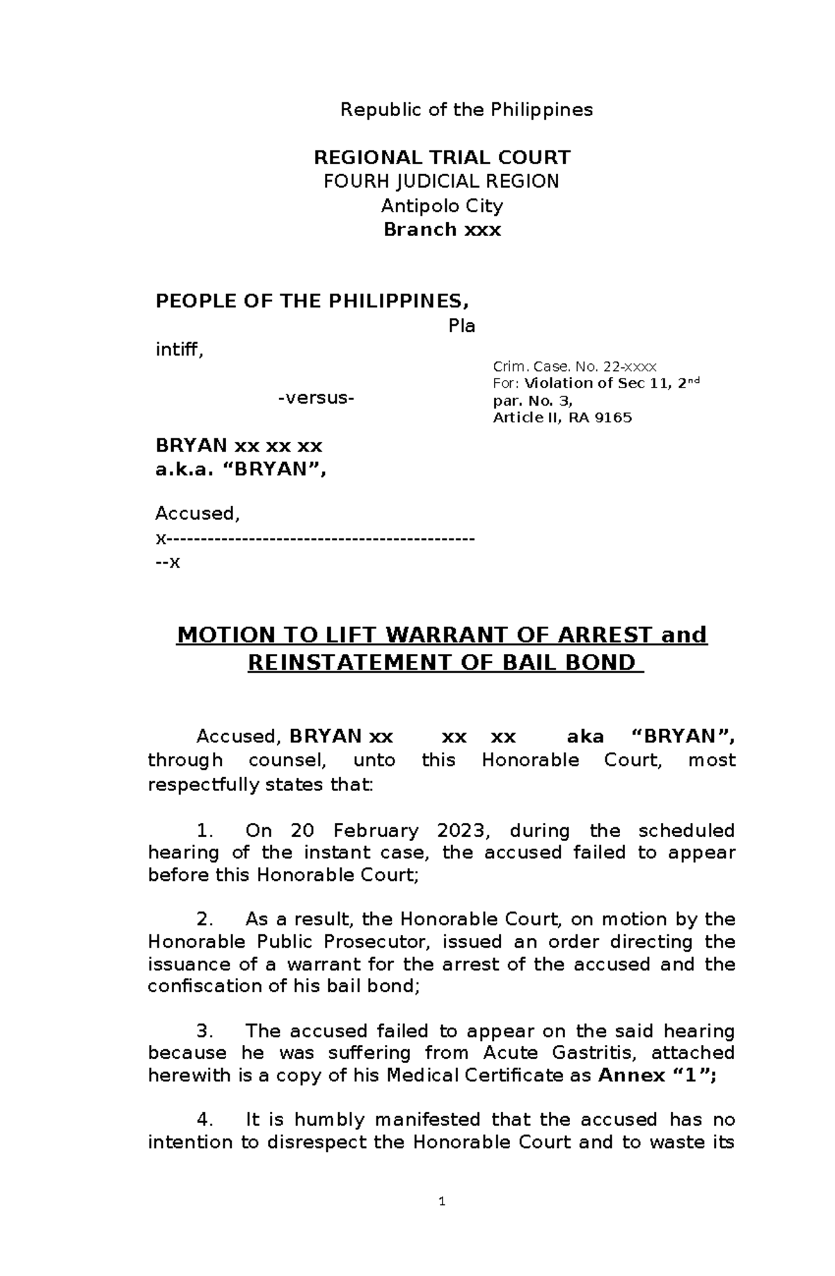 Motion to Lift Arrest Warrant and Reinstatement of Bail Bond - Studocu