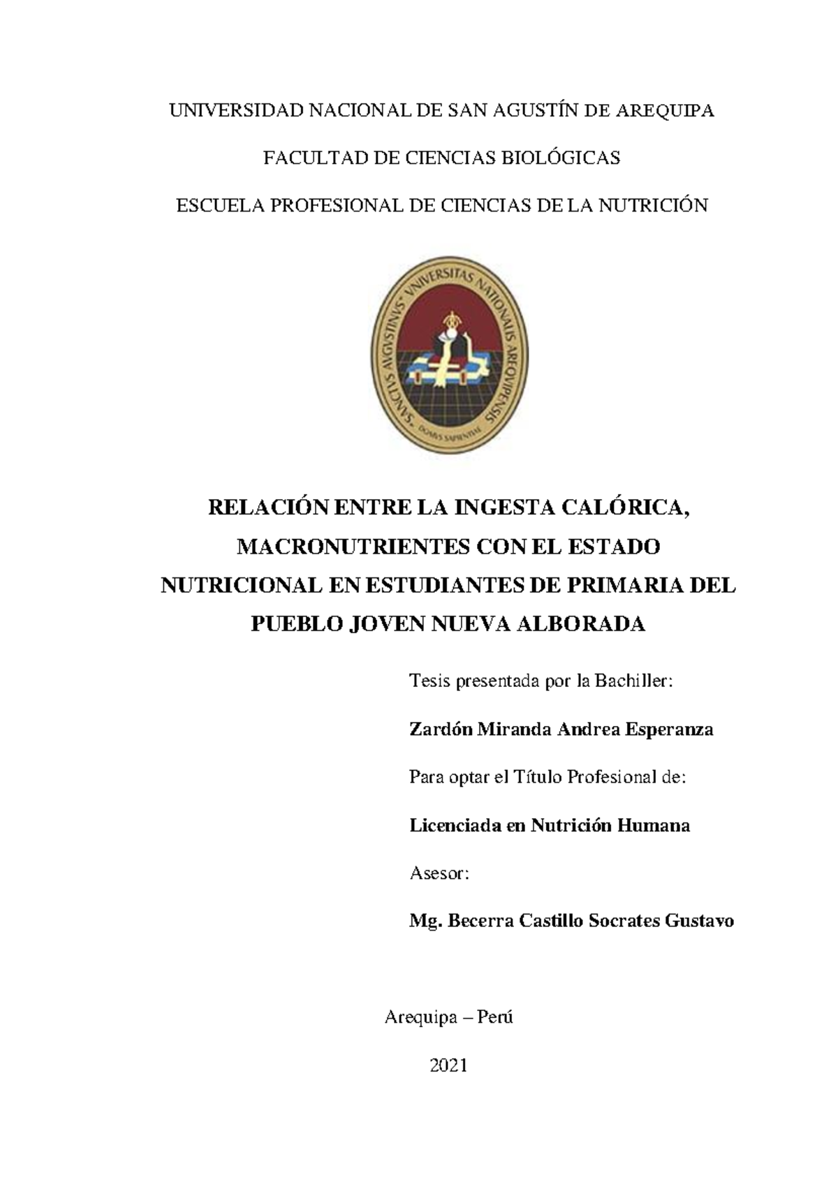 Relacion entre la ingesta calorica - UNIVERSIDAD NACIONAL DE SAN ...