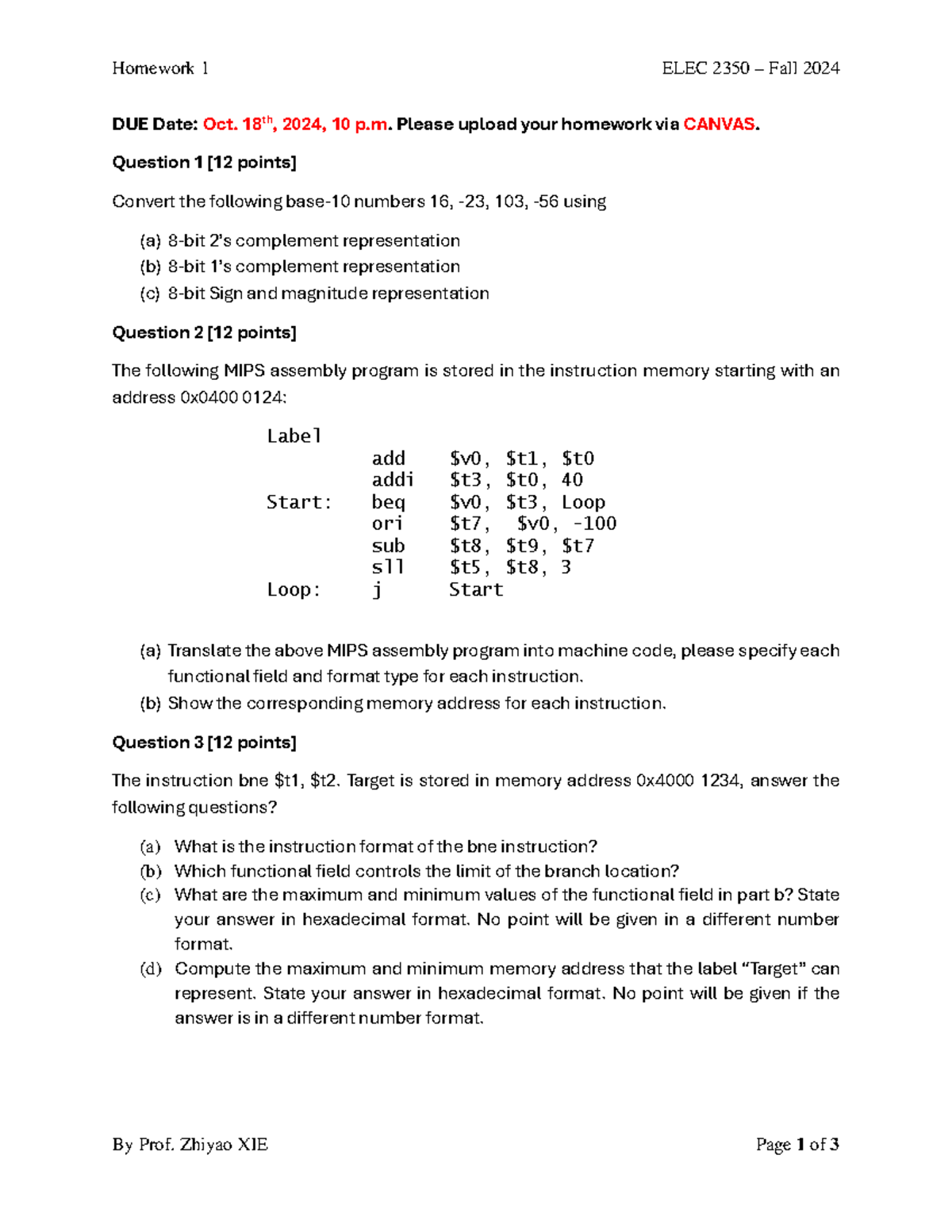HW1 Questions - ELEC 2350 Fall 2024 Overview and Assignments - Studocu