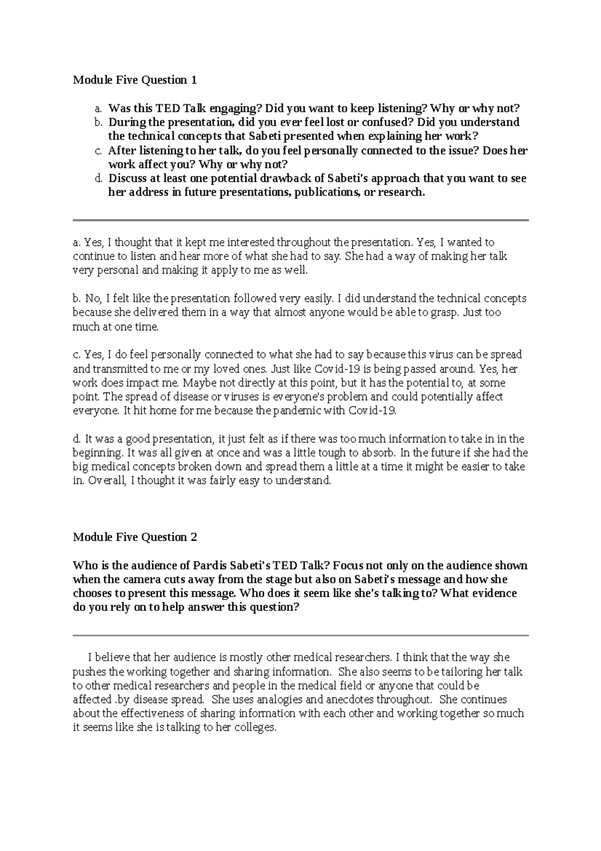 Module 5 Discussion Questions on TED Talk Insights and Analysis - Studocu