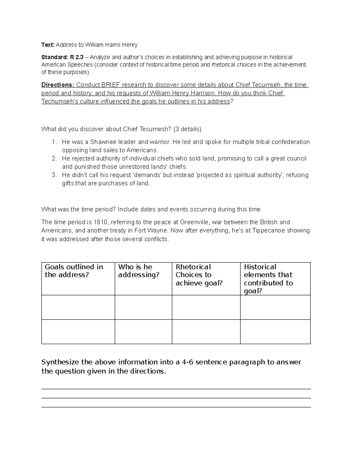 Address to William Henry Harrison: Analyzing Tecumseh's Rhetorical ...