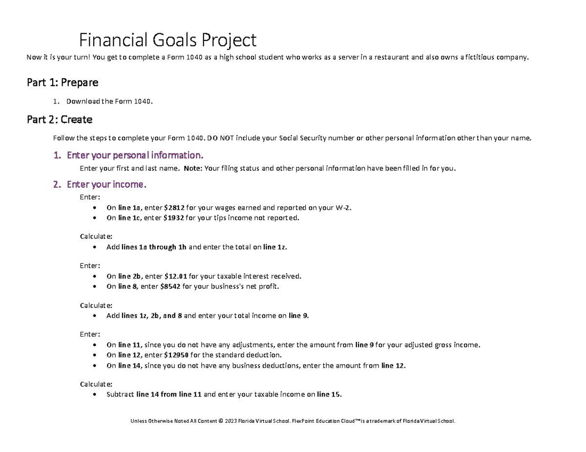 Financial Goals Project: Completing Form 1040 for High School Students ...