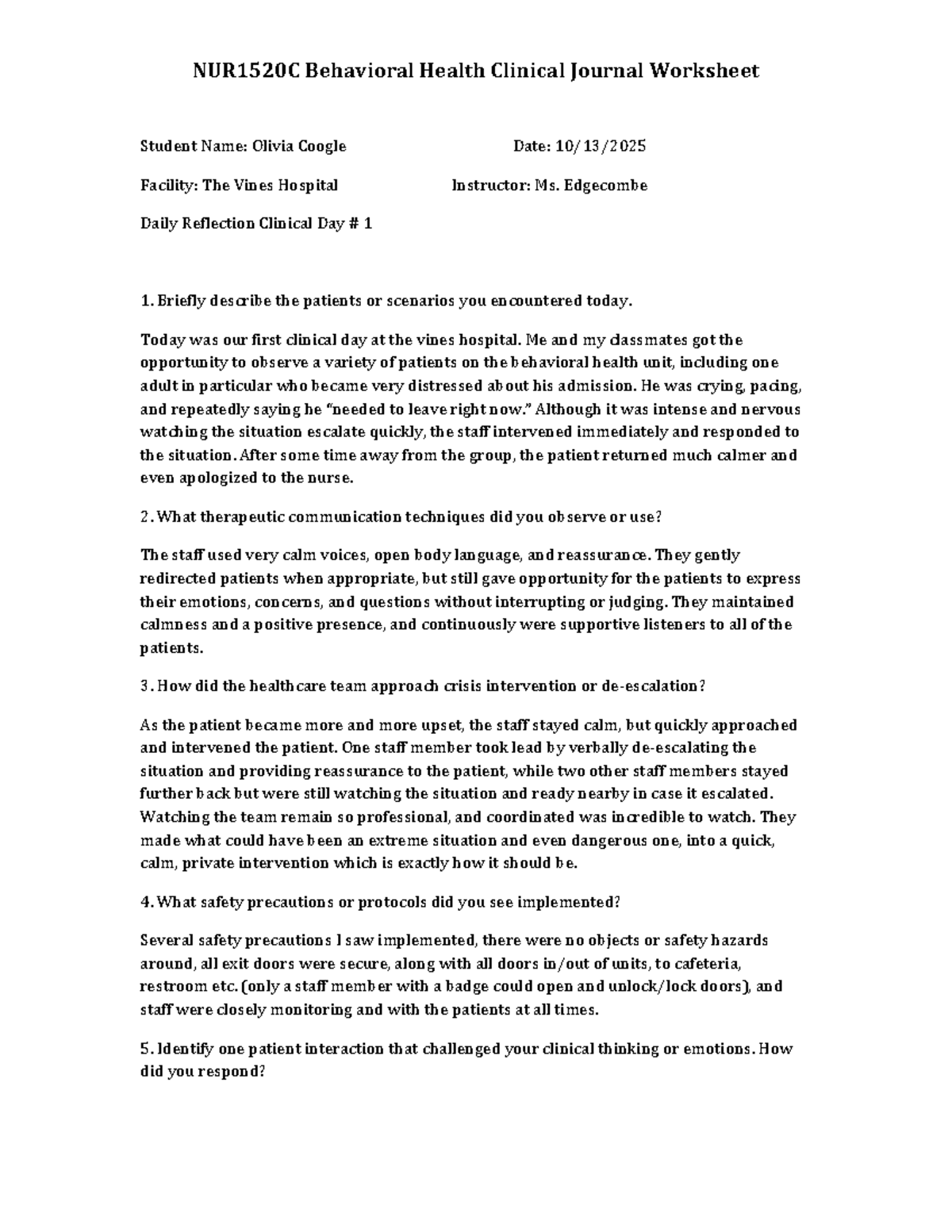 NUR1520C Behavioral Health Clinical Journal Reflection - Day 1 - Studocu