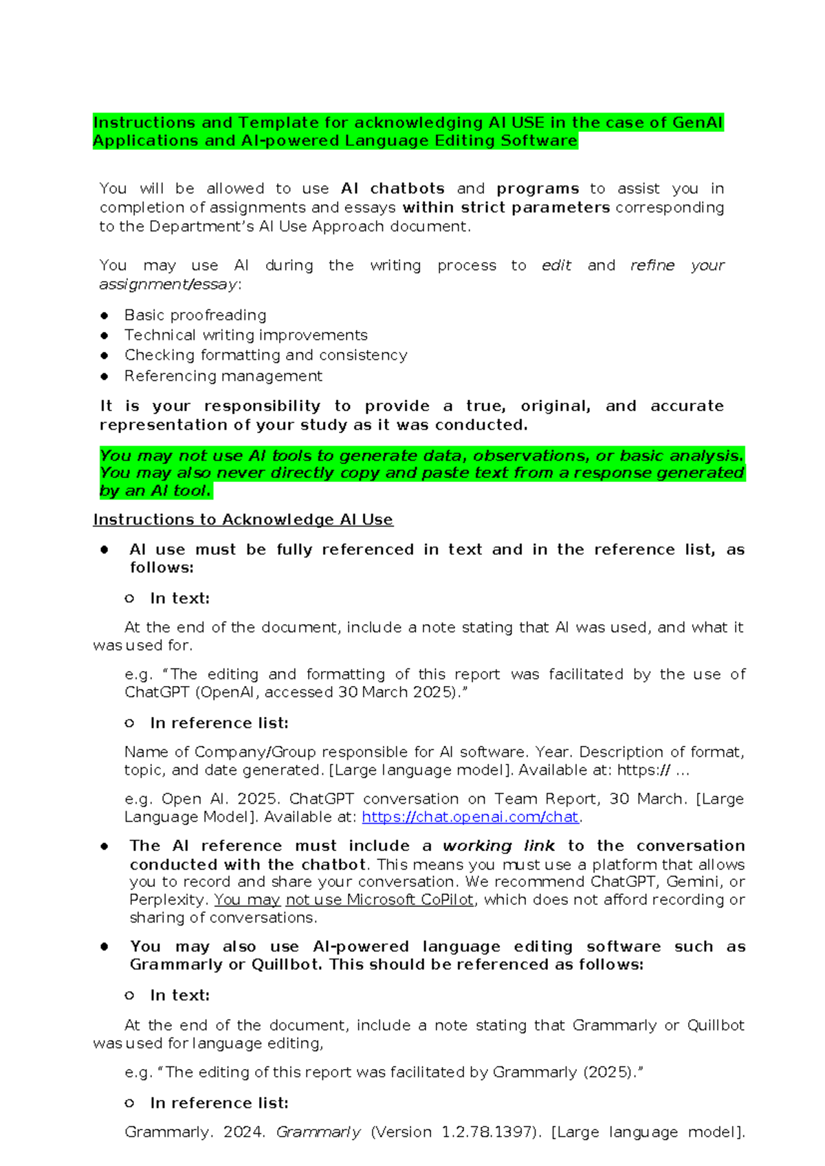 Template for Acknowledging AI Use in Assignments and Essays - Studocu