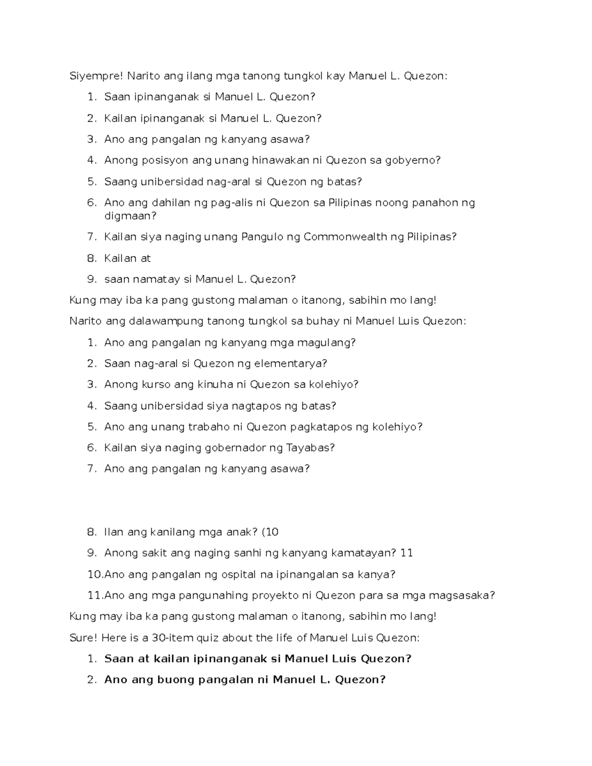 Quezon Day Quiz (30 Questions) - Focus on Manuel L. Quezon - Studocu