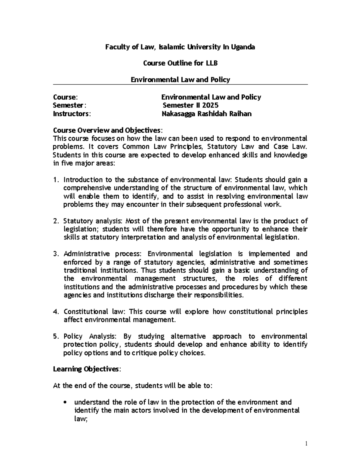 LLB Environmental Law course outline 2014 - Faculty of Law, Isalamic ...