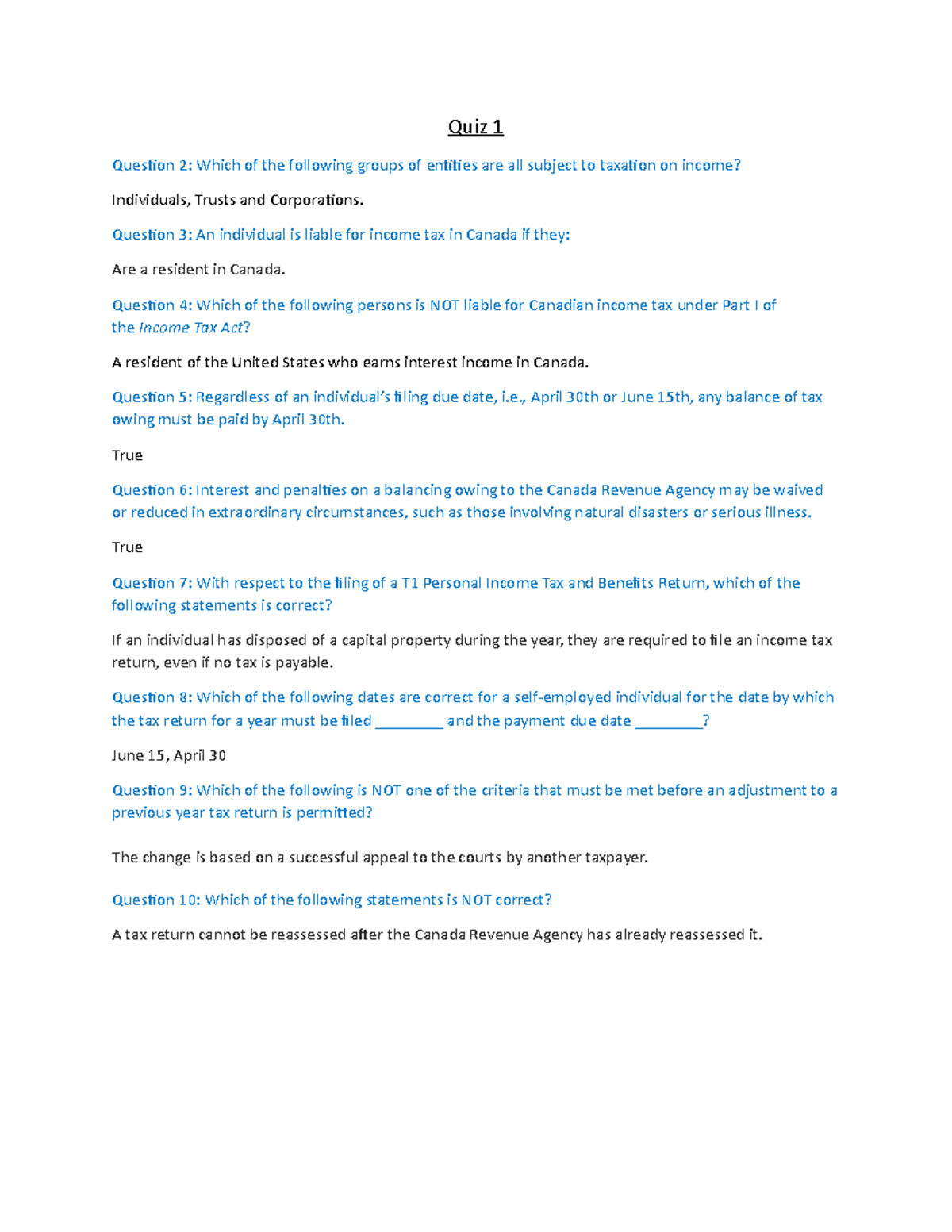 Quiz 1 - Quiz 1 of Introduction to Personal Taxation - Quiz 1 Question ...