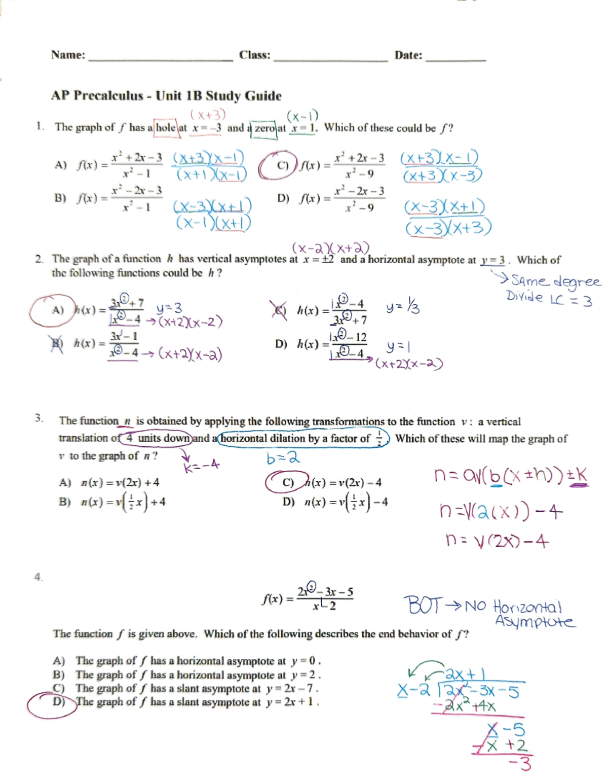 AP Precalculus U1B Study Guide Solutions - Answer Key - Studocu