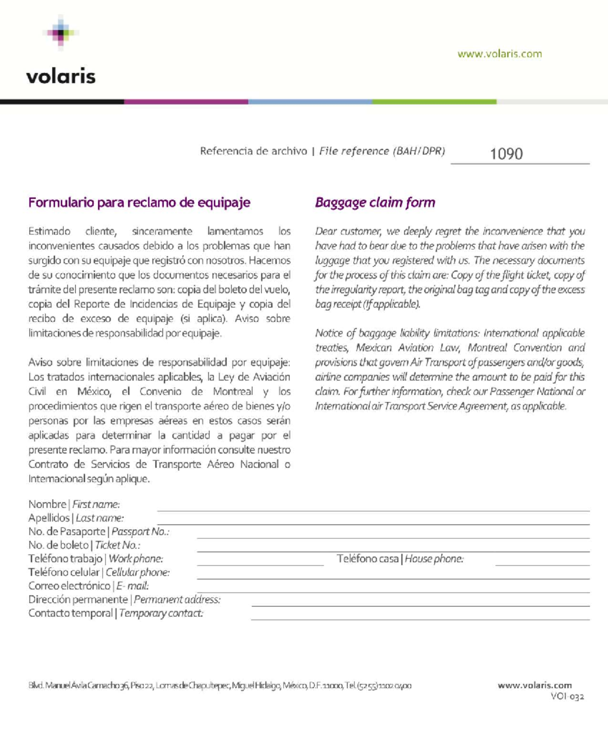 Formulario para Reclamo de Equipaje - Volaris 1090 - Studocu
