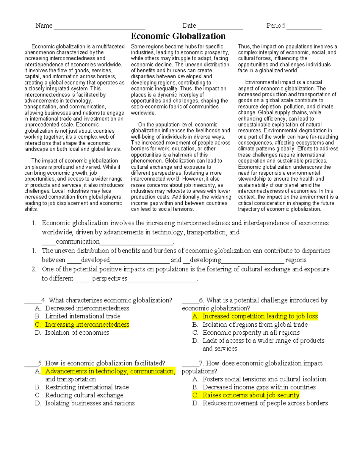 Copy of Copy of 7.3 Economic Globalization Worksheet - Name ...