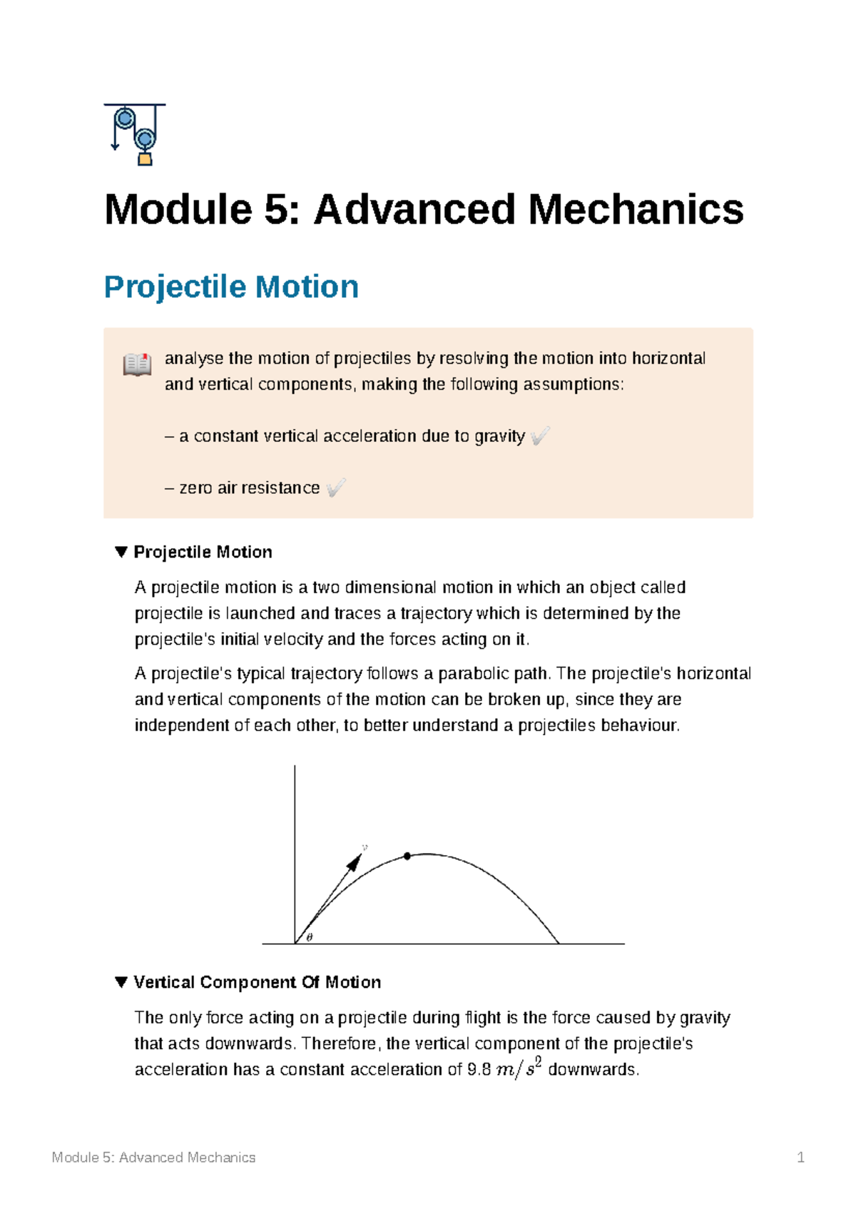 Mod 5 notes - Module 5: Advanced Mechanics Projectile Motion 📖 analyse ...
