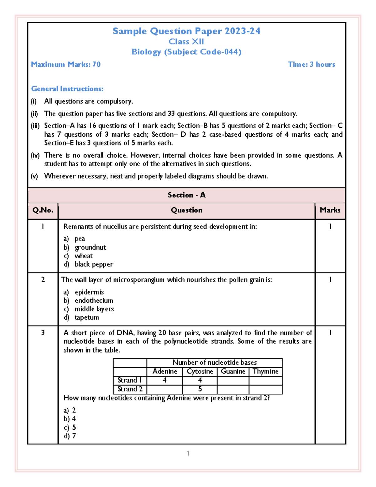 Sample Question Paper Class XII Biology (044) - 10 Years of Practice - Studocu